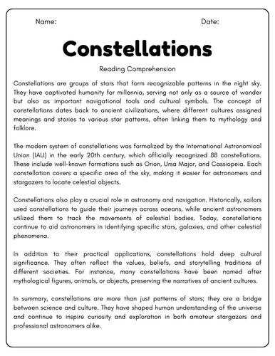 Constellations: Reading Comprehension Passages & Questions Worksheets ...