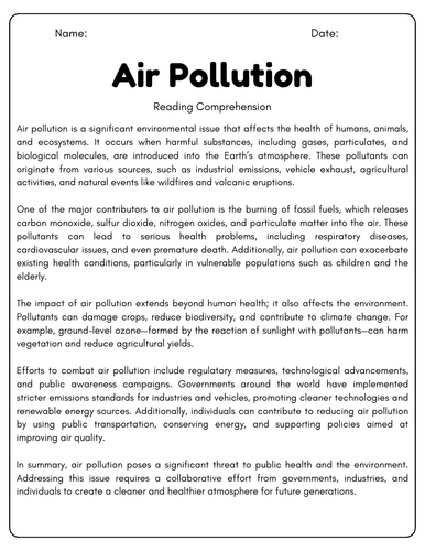 Air Pollution: Reading Comprehension Passages & Questions Worksheets ...