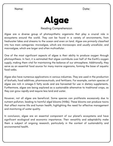 Algae: Reading Comprehension Passages & Questions Worksheets | Teaching ...