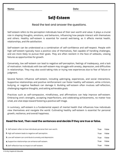 Self-Esteem - Reading Comprehension Passages & Questions Worksheets ...