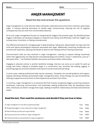 Anger Management - Reading Comprehension Passages & Questions ...