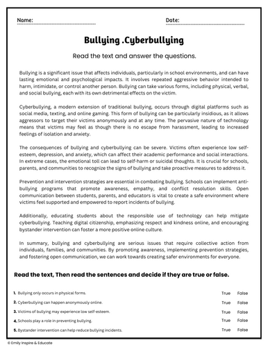 Bullying and Cyberbullying - Reading Comprehension Passages & Questions ...