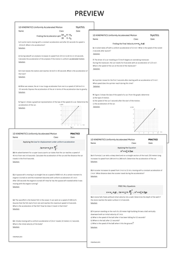 Physics: 1D Kinematics Uniformly Accelerated Motion - Practice + Typed ...