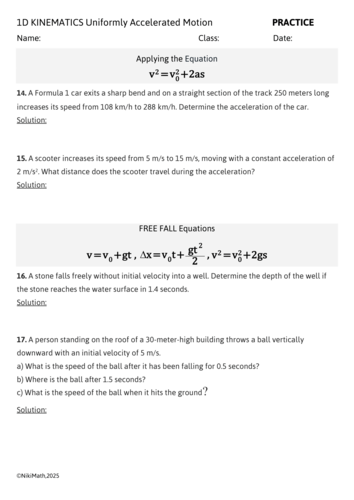 Physics: 1D Kinematics Uniformly Accelerated Motion - Practice + Typed ...