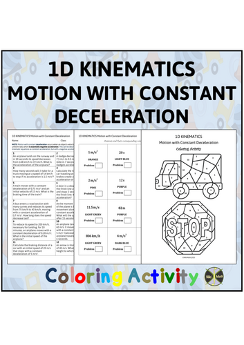 1D Kinematics Motion with Constant Deceleration - Color by Code +typed ...