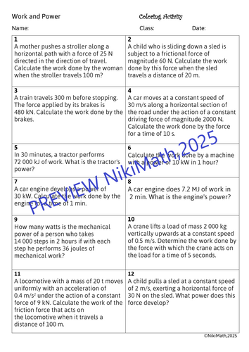 Physics: Work and Power - Coloring Activity/Color by Code+Typed ...