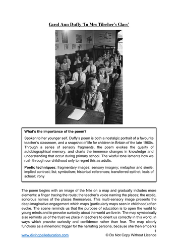 Close reading notes: Carol Ann Duffy, 'In Mrs Tilscher's Class ...