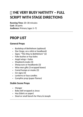 The Very Busy Nativity- script, stage directions, prop list & song ...