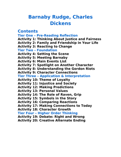 Barnaby Rudge Charles Dickens - 20 Differentiated Activities | Teaching ...