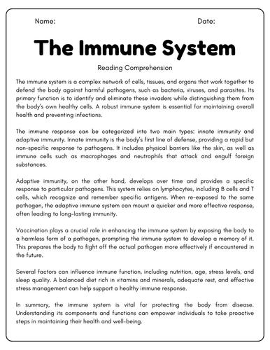 The Immune System: Reading Comprehension Passages & Questions ...