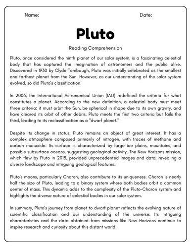 Pluto: Reading Comprehension Passages & Questions Worksheets | Teaching ...