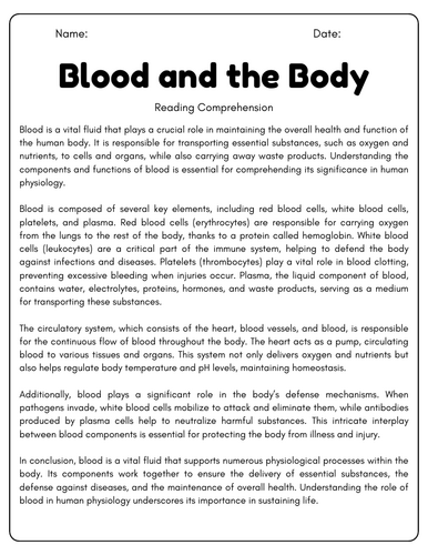 Blood and the Body: Reading Comprehension Passages & Questions ...