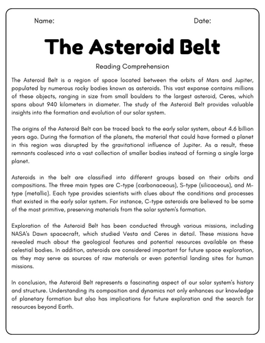 The Asteroid Belt: Reading Comprehension Passages & Questions ...