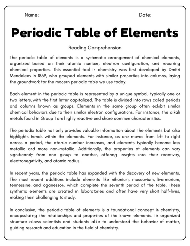 Periodic Table of Elements: Reading Comprehension Passages & Questions ...