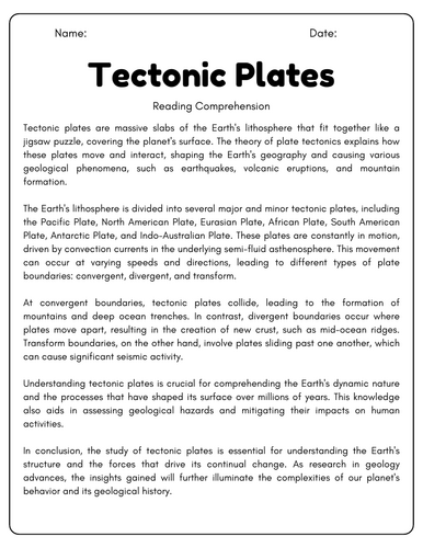 Tectonic Plates: Reading Comprehension Passages & Questions Worksheets ...