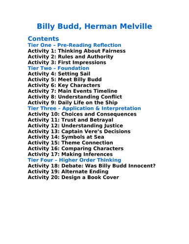 Billy Budd Herman Melville - 20 Differentiated Activities | Teaching ...