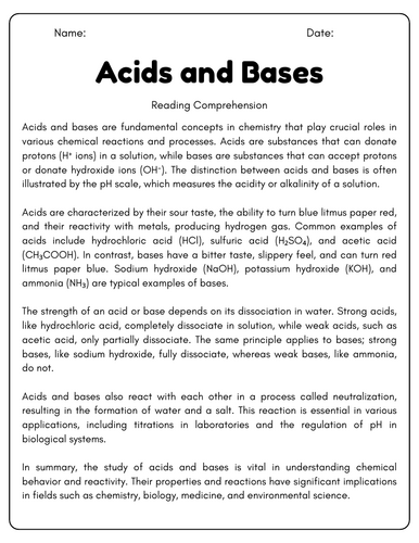 Acids and Bases: Reading Comprehension Passages & Questions Worksheets ...
