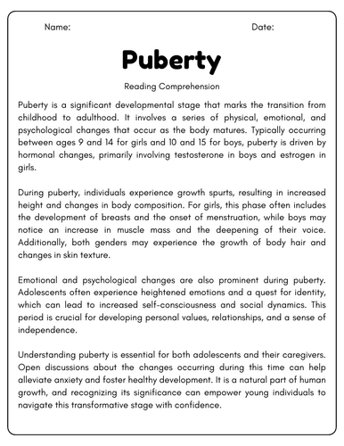 Puberty: Reading Comprehension Passages & Questions Worksheets ...