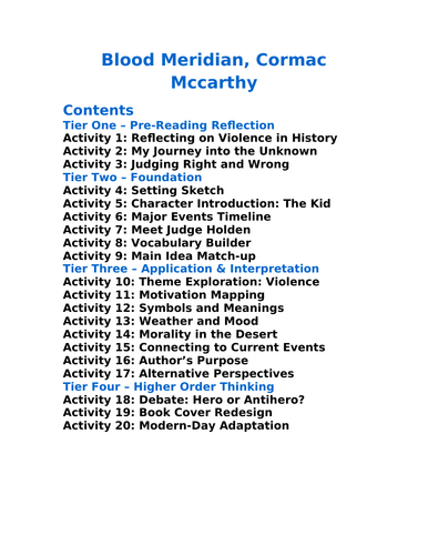 Blood Meridian Cormac Mccarthy - 20 Differentiated Activities ...