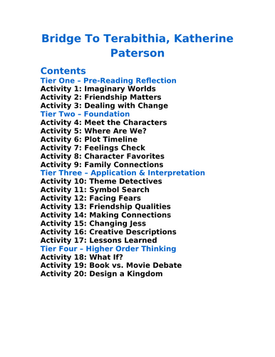 Bridge To Terabithia Katherine Paterson - 20 Differentiated Activities ...