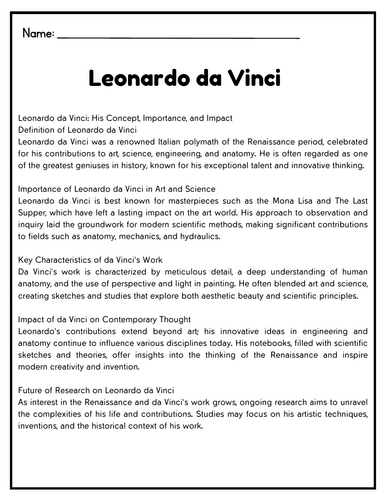 Leonardo da Vinci Reading Comprehension Passages & Questions Worksheets ...