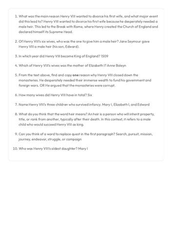 KS2 SATS Style Comprehension on Henry VIII | Teaching Resources