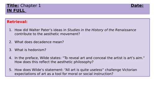 Oscar Wilde The Picture of Dorian Gray - Chapter 1 | Teaching Resources