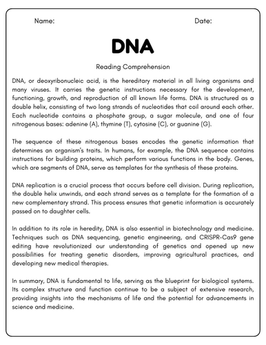 DNA: Reading Comprehension Passages & Questions Worksheets | Teaching ...