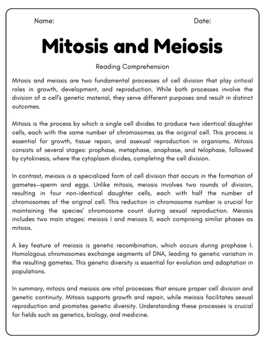 Mitosis and Meiosis: Reading Comprehension Passages & Questions ...