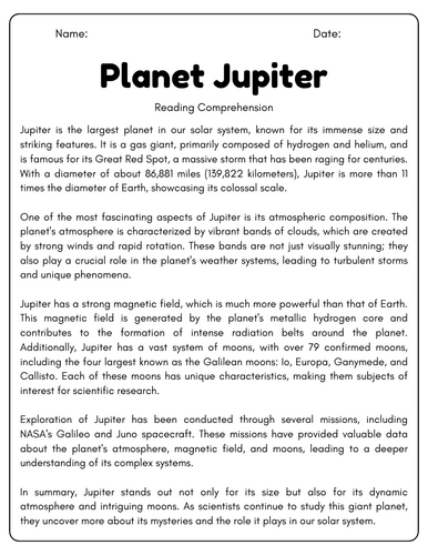 Planet Jupiter: Reading Comprehension Passages & Questions Worksheets ...