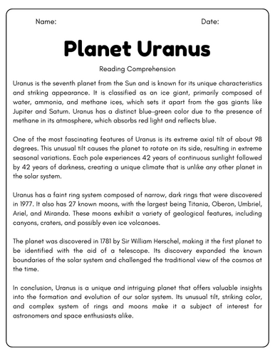 Planet Uranus: Reading Comprehension Passages & Questions Worksheets ...