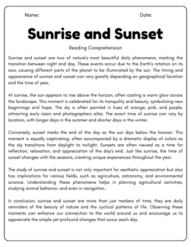 Sunrise and Sunset: Reading Comprehension Passages & Questions ...