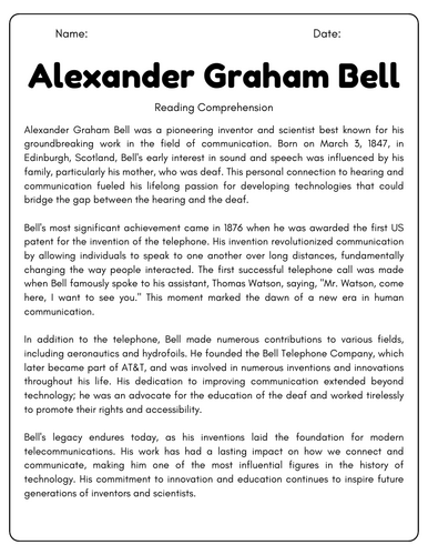 Alexander Graham Bell: Reading Comprehension Passages & Questions ...