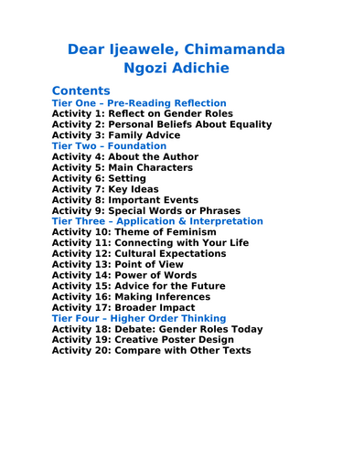 Dear Ijeawele Chimamanda Ngozi Adichie - 20 Differentiated Activities ...