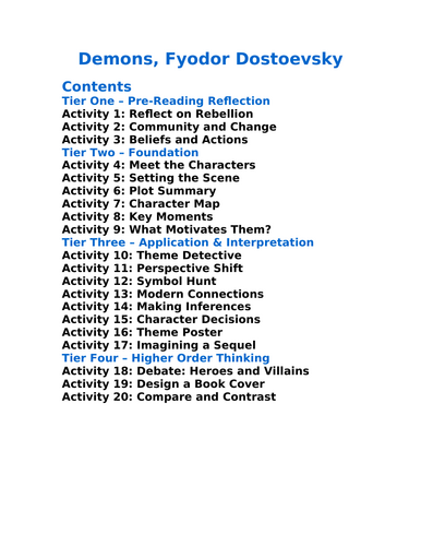 Demons Fyodor Dostoevsky - 20 Differentiated Activities | Teaching ...