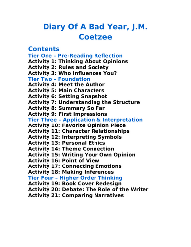 Diary Of A Bad Year Jm Coetzee - 20 Differentiated Activities ...