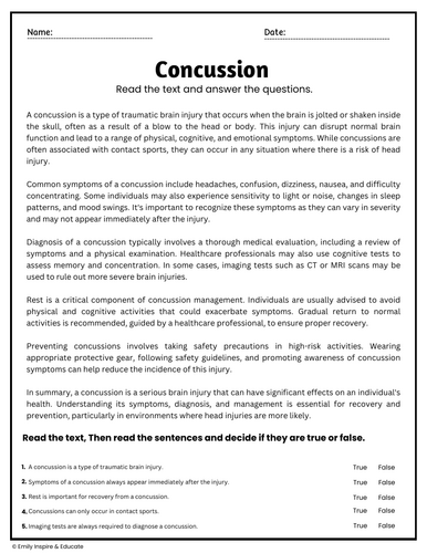 Concussion - Reading Comprehension Passages & Questions Worksheets ...