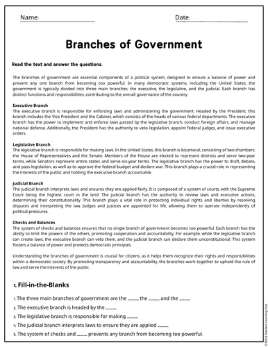 Branches of Government Reading Comprehension Passages & Questions ...