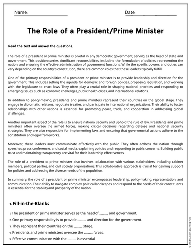 The Role of a President/Prime Minister Reading Comprehension Passages ...