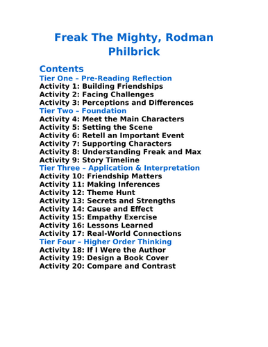 Freak The Mighty Rodman Philbrick - 20 Differentiated Activities ...