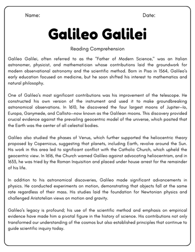 Galileo Galilei: Reading Comprehension Passages & Questions Worksheets ...