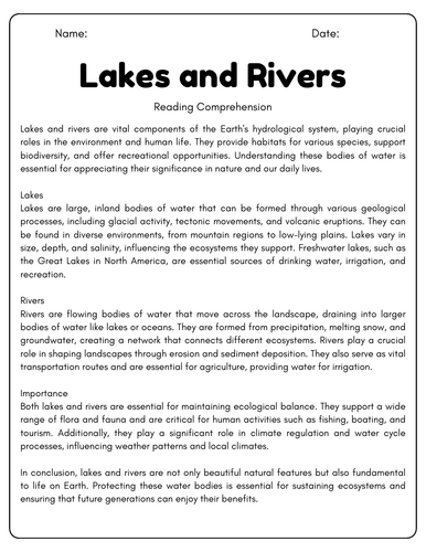 Lakes and Rivers: Reading Comprehension Passages & Questions Worksheets ...