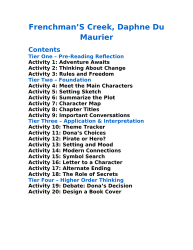 Frenchmans Creek Daphne Du Maurier - 20 Differentiated Activities ...