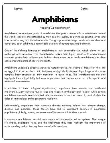 Amphibians: Reading Comprehension Passages & Questions Worksheets ...