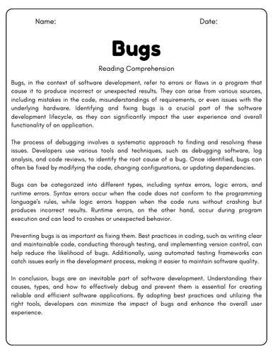 Bugs: Reading Comprehension Passages & Questions Worksheets | Teaching ...