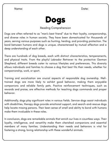 Dogs: Reading Comprehension Passages & Questions Worksheets | Teaching ...