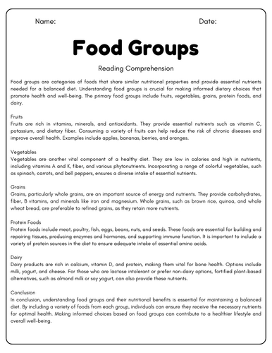Food Groups: Reading Comprehension Passages & Questions Worksheets ...