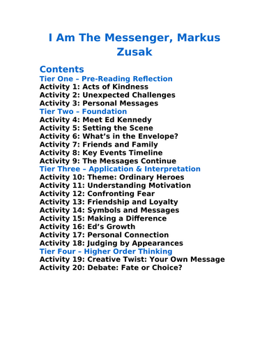 I Am The Messenger Markus Zusak - 20 Differentiated Activities ...