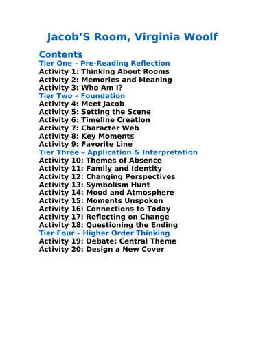 Jacobs Room Virginia Woolf - 20 Differentiated Activities | Teaching ...