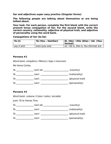 Ser and adjectives super easy practice (Singular forms) | Teaching ...